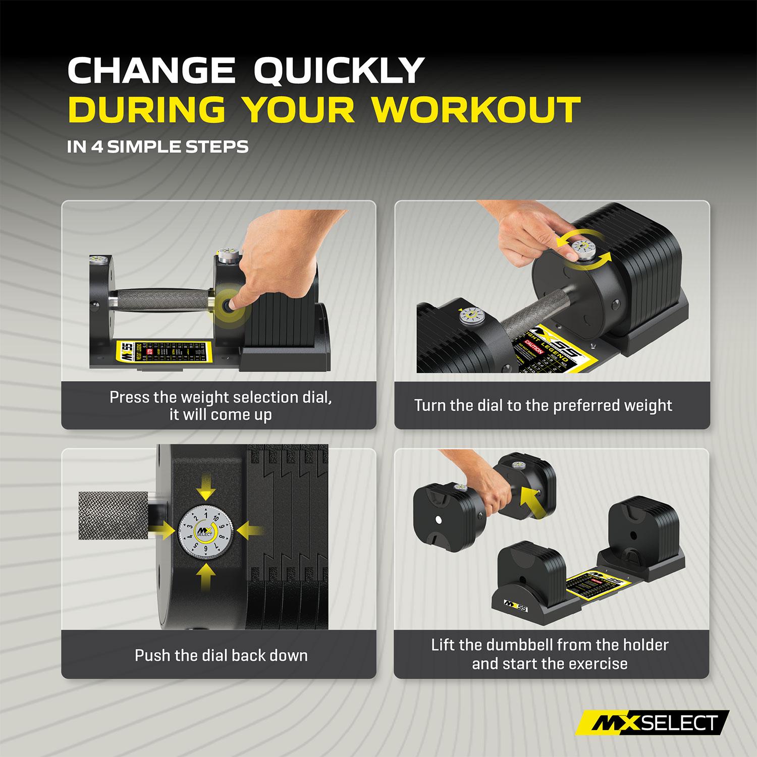 EVO MX55 Adjustable Knurled Dumbbells | MX Select | Rapid Weight Change ...